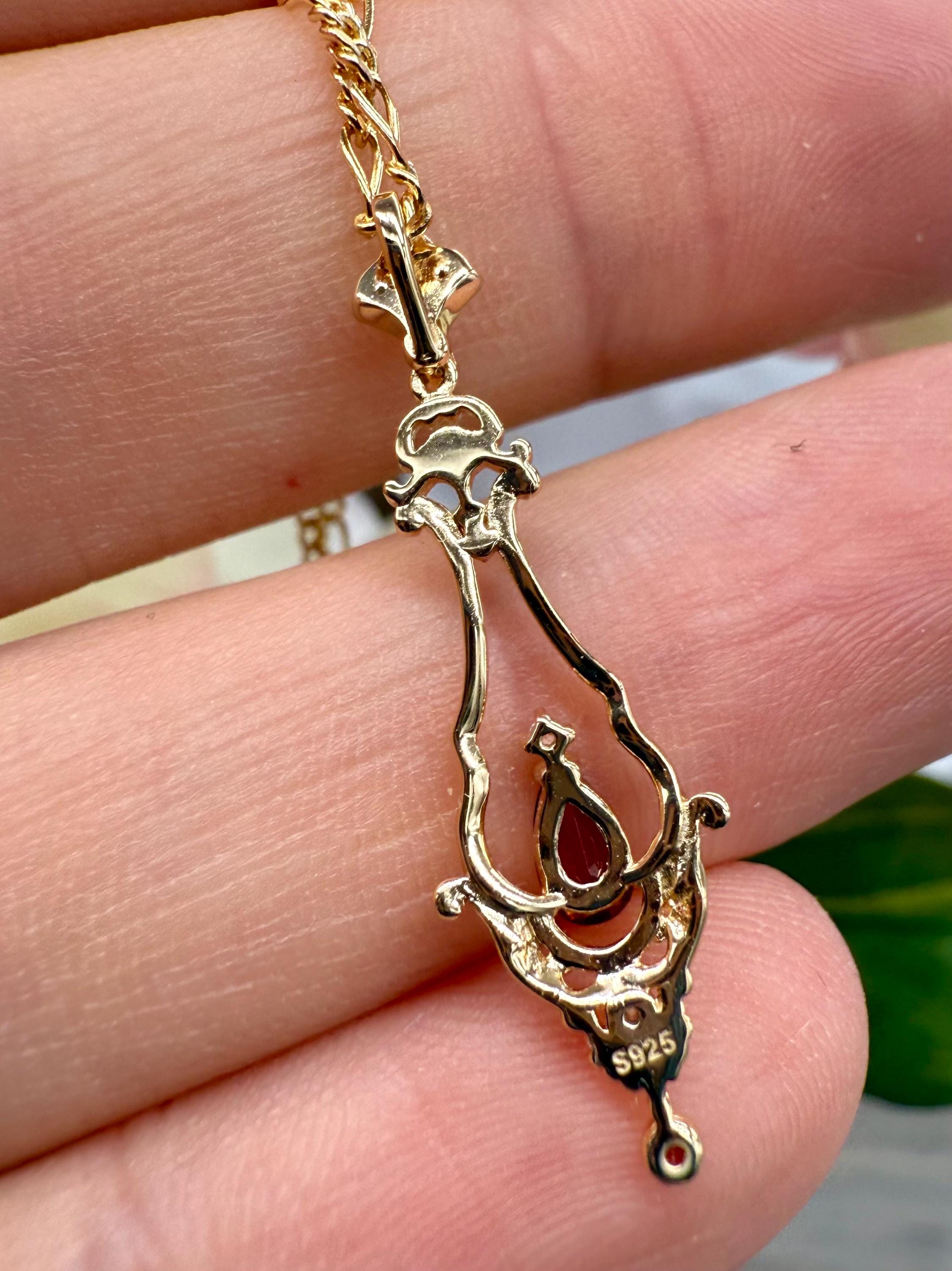 Garnet Lavalier Necklace: 14k Gold Vermeil and Italian Figaro Chain ...