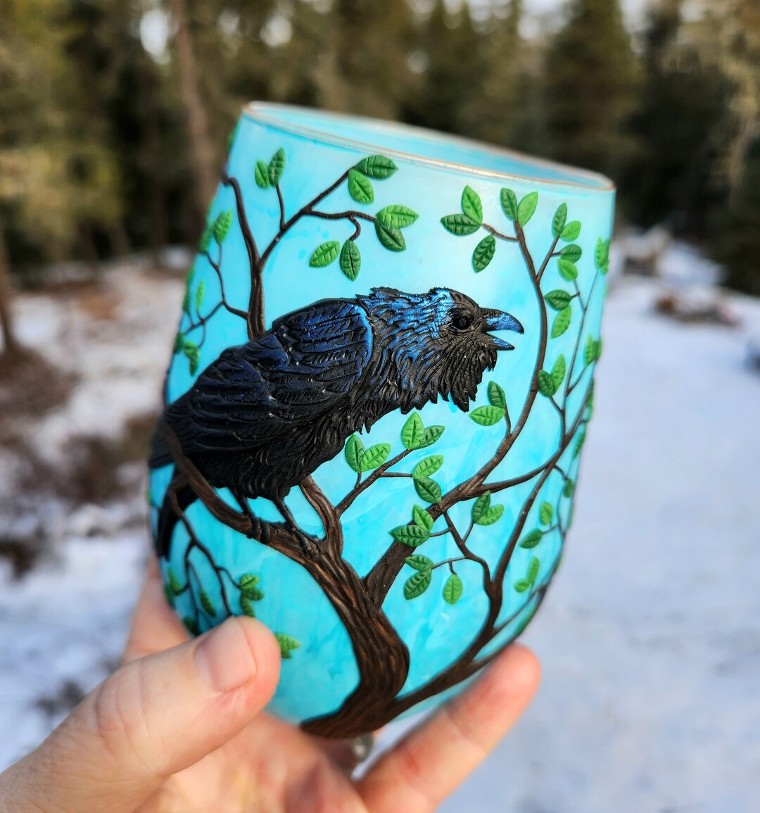 Lone Blue Black Raven Sculpted With Polymer Clay Onto a Recycled Glass ...