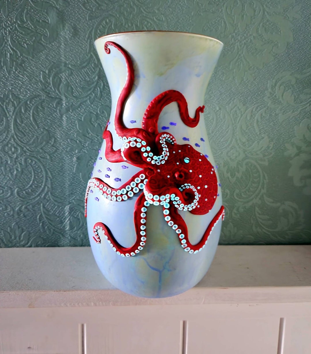 Red Octopus Floating With Fishes Sculpted With Polymer Clay - Etsy