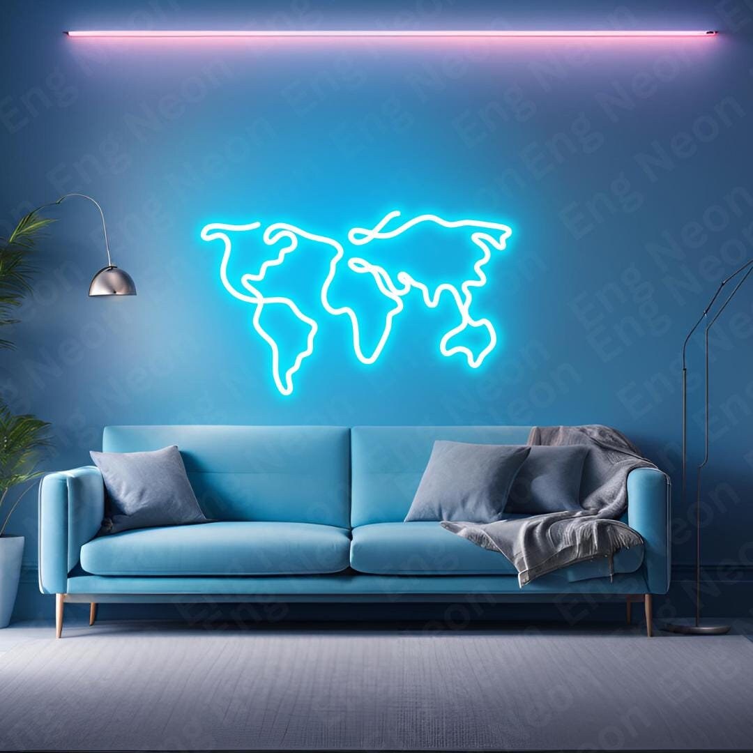 World Map Neon Sign, Christmas Gift, Globe Neon Sign, World Map Wall ...