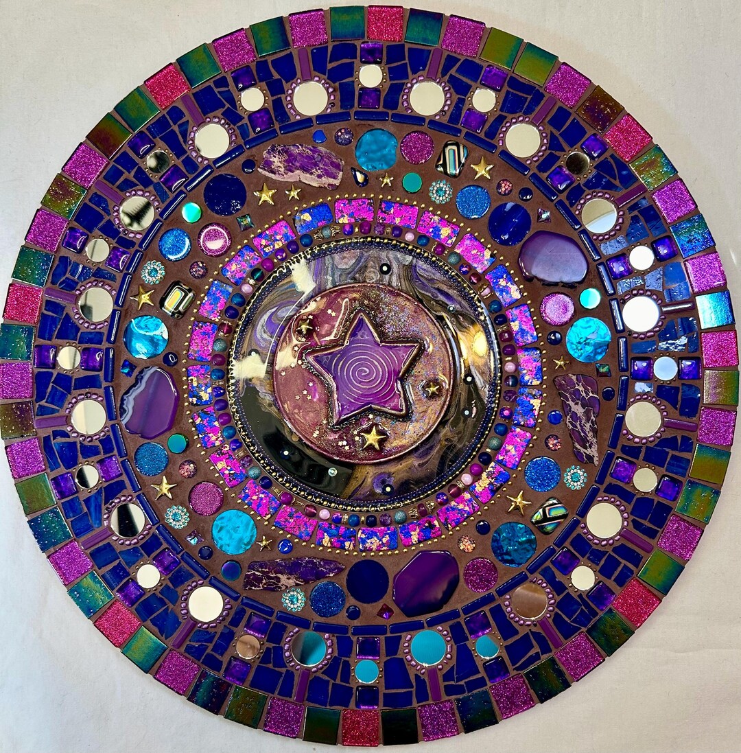 16” Celestial Star “exploration” Stained Glass Mixed Media Mosaic Wall ...