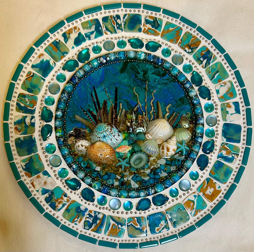 12” Inch Ocean Theme Stained Glass Mixed Media Mosaic Wall Art Birthday ...