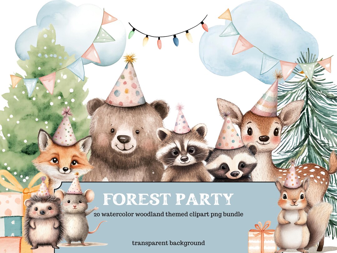 Cute Woodland Animals Birthday Party Clipart Bundle, Watercolor ...