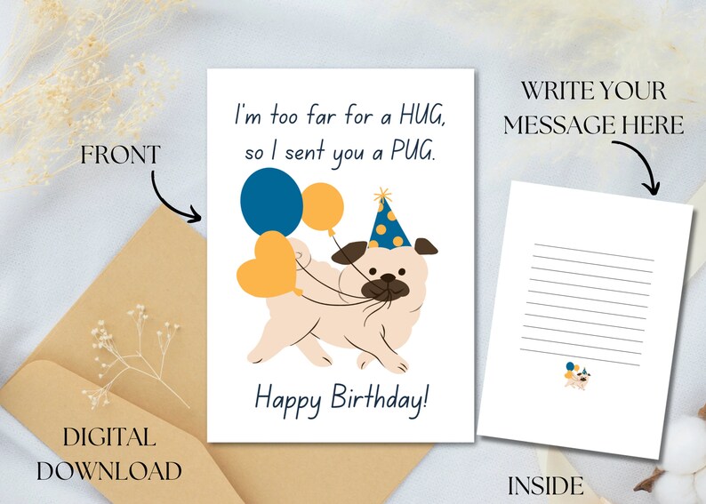 Pug Birthday Greeting Card, Printable Greeting Card, Dog Card, Cute Dog ...