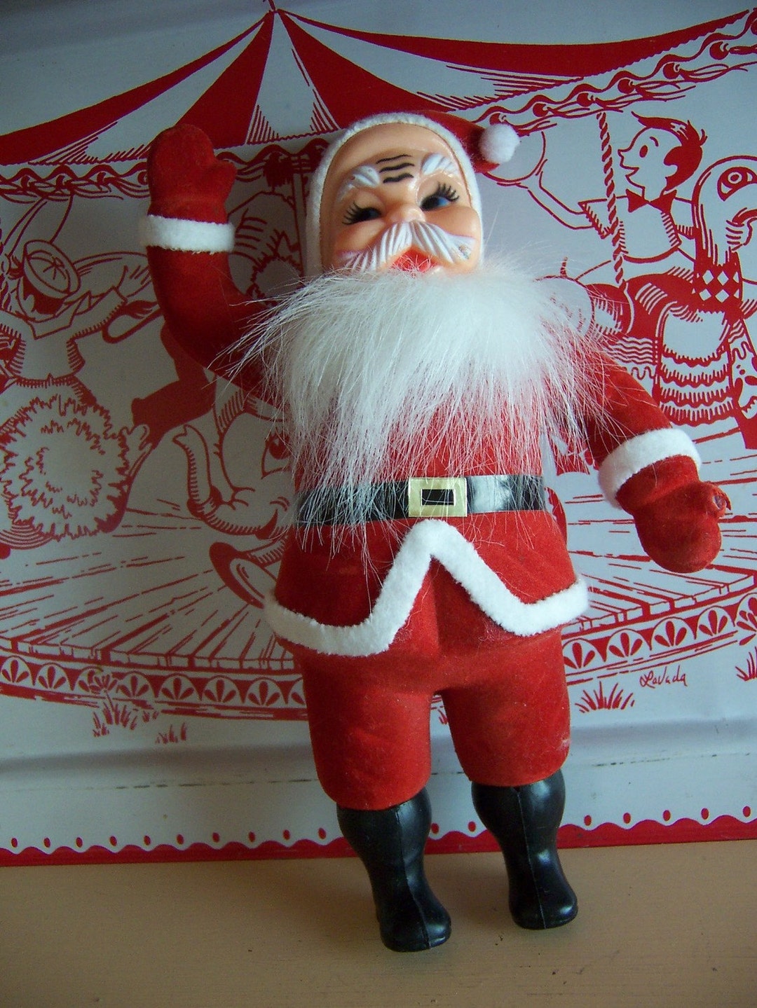 Santa / Vintage Flocked Waving Santa - Etsy
