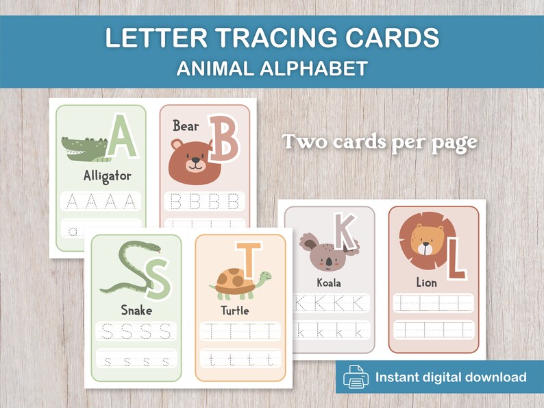 Printable Letter Tracing Cards, Animal Themed Alphabet Flashcards for ...