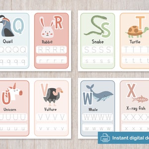 Printable Letter Tracing Cards, Animal Themed Alphabet Flashcards for ...