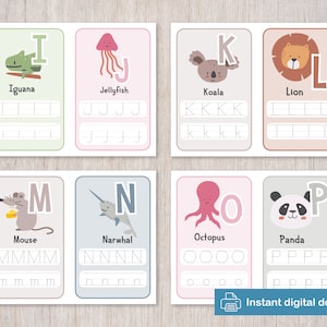 Printable Letter Tracing Cards, Animal Themed Alphabet Flashcards for ...