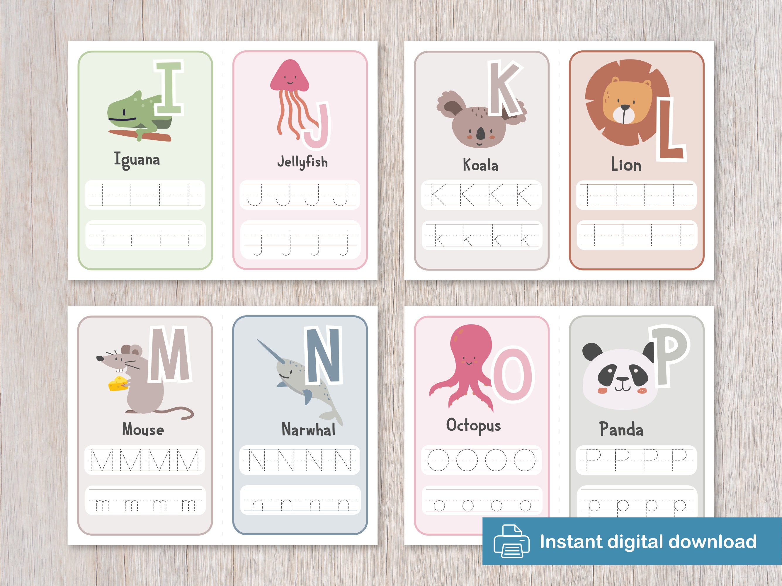 Printable Letter Tracing Cards, Animal Themed Alphabet Flashcards for ...