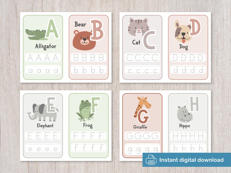 Printable Letter Tracing Cards, Animal Themed Alphabet Flashcards for ...