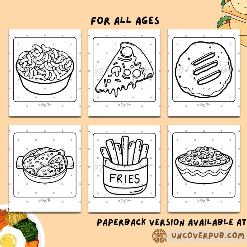 Food and Snacks Coloring Book: 35 Bold Easy Coloring Pages (digital ...