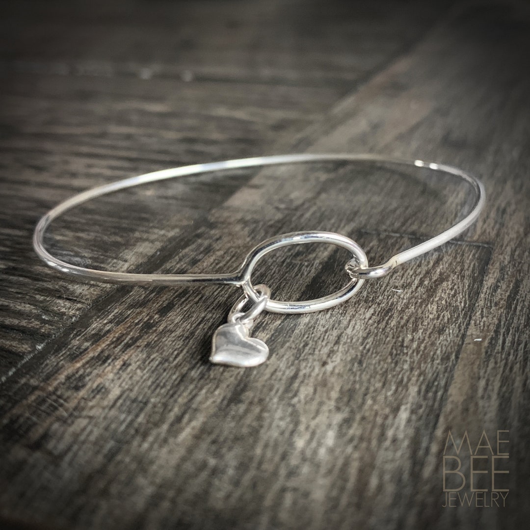 Heart Bracelet, Charm Bangle, Sterling Silver Heart, Gift for Her ...