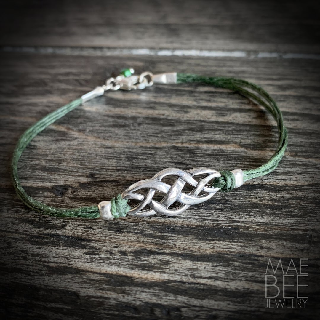 Sterling Silver Celtic Knot Bracelet: Green Irish Linen Cord - Number ...