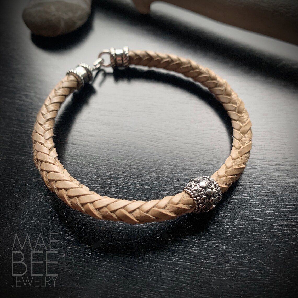 Braided Leather Bracelet Silver Bead Leather Stack Bracelet - Etsy