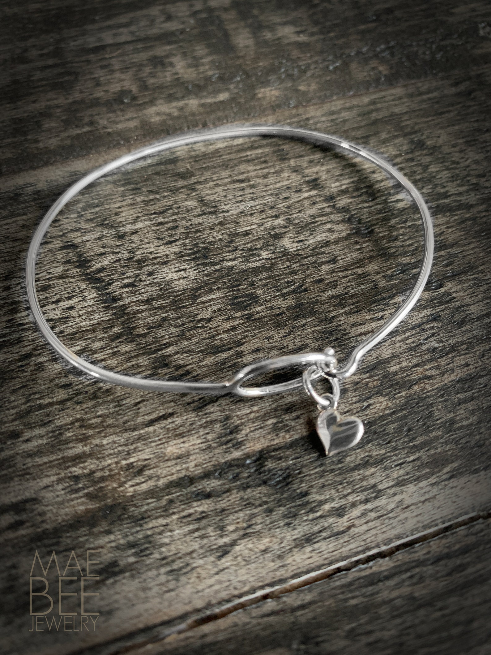 Heart Bracelet Charm Bangle Sterling Silver Heart Gift for - Etsy