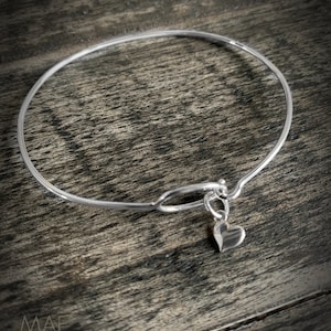 Heart Bracelet, Charm Bangle, Sterling Silver Heart, Gift for Her ...