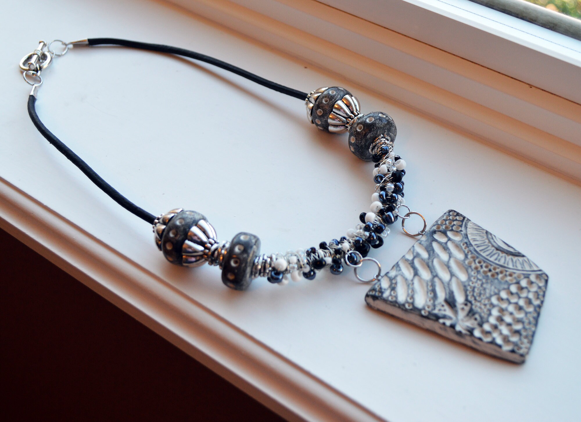 One of a kind statement beaded polymer clay pendant necklace / | Etsy