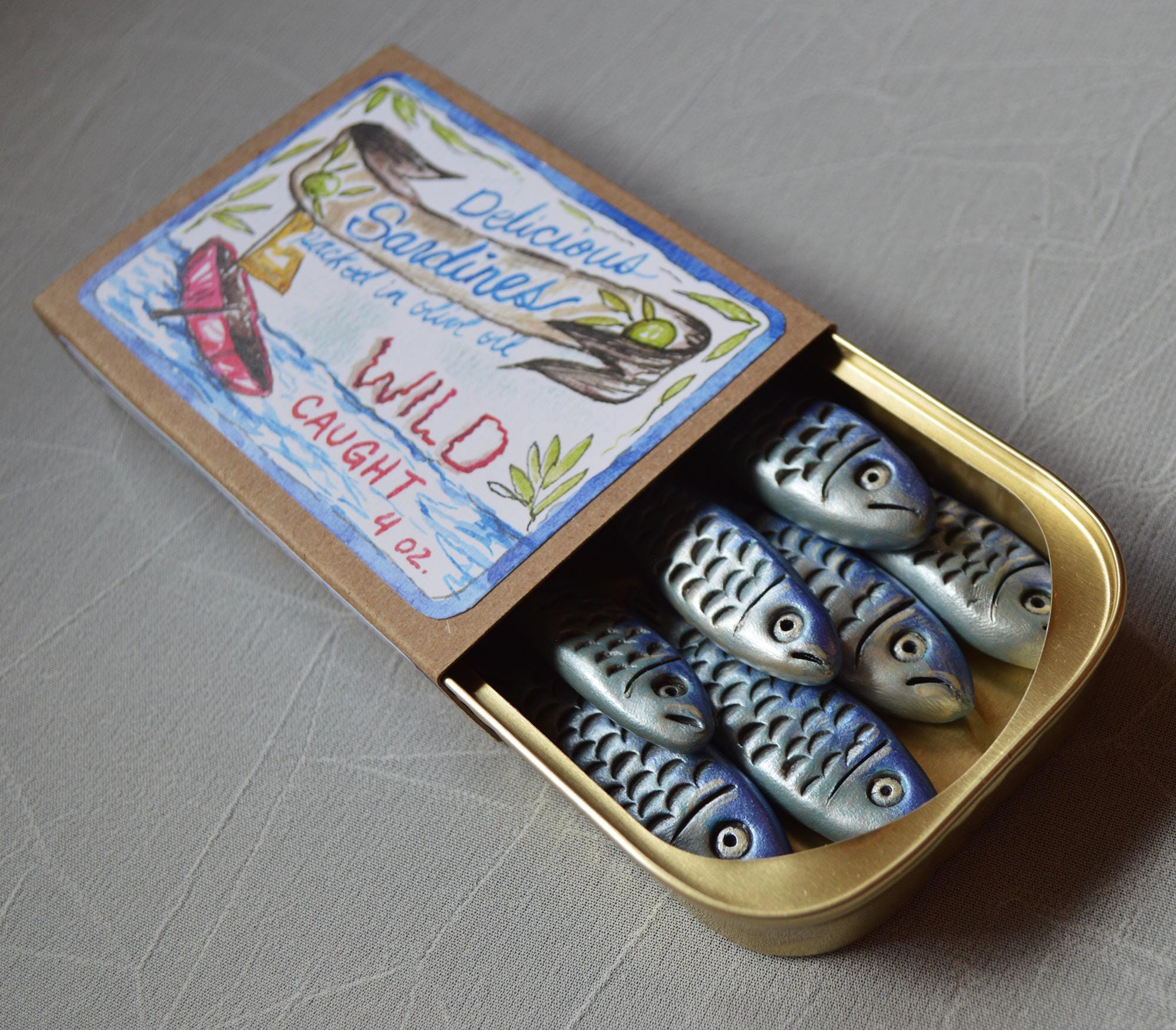 Handmade Clay Sardines in Tin With Original Art Label Funky Unique OOAK ...