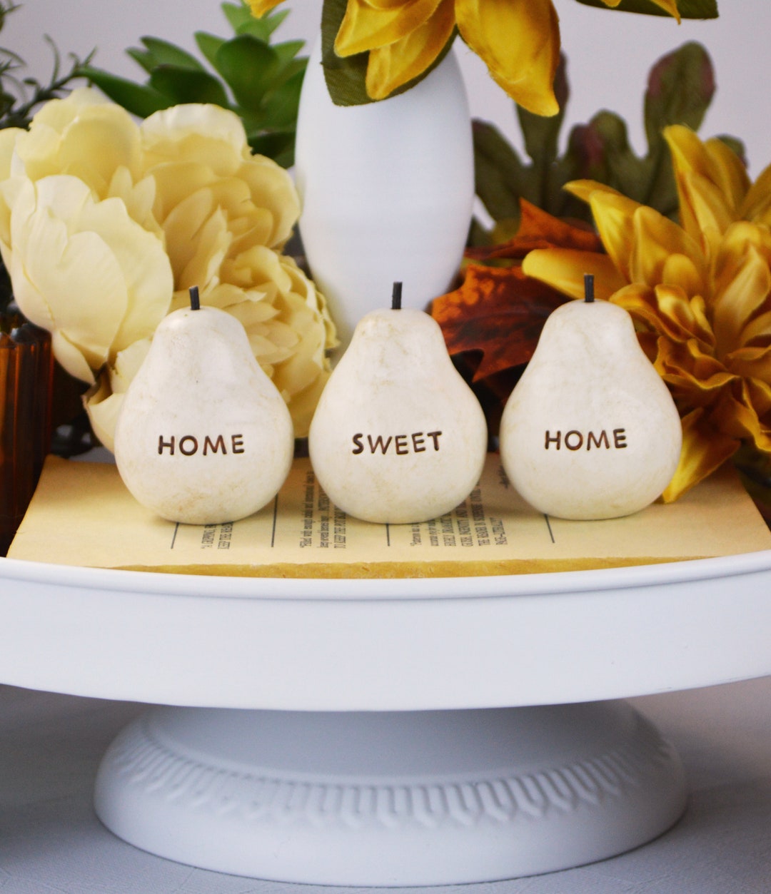 Home Sweet Home White Clay Pears Sculpture Set of 3 Handmade Rustic ...