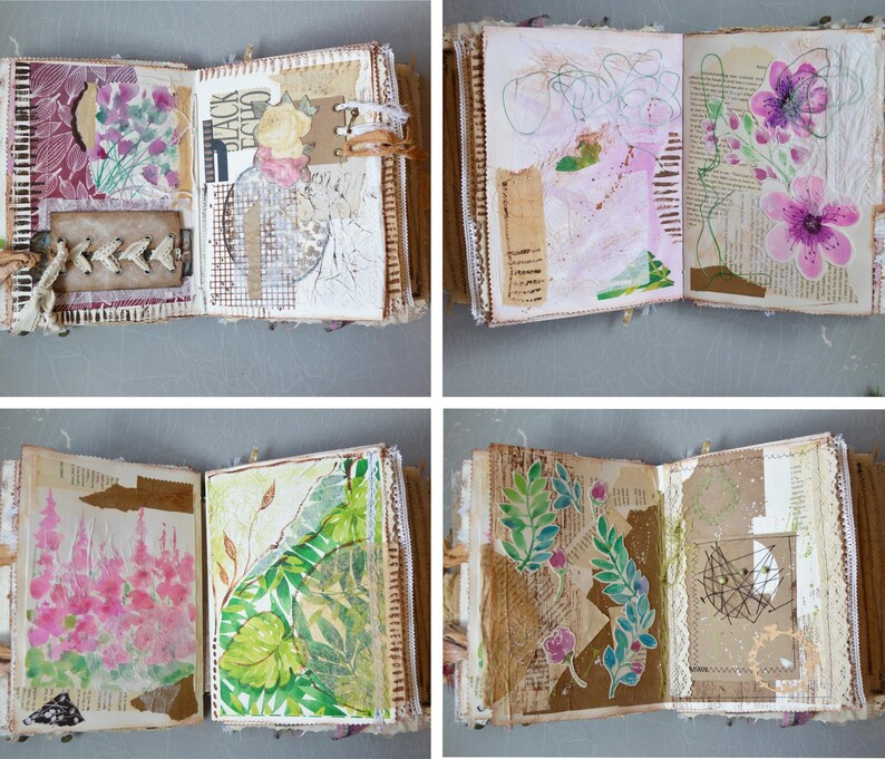 Grungy Shabby Handmade Junk Journal Nature Themed Unique Beaded Flowers ...