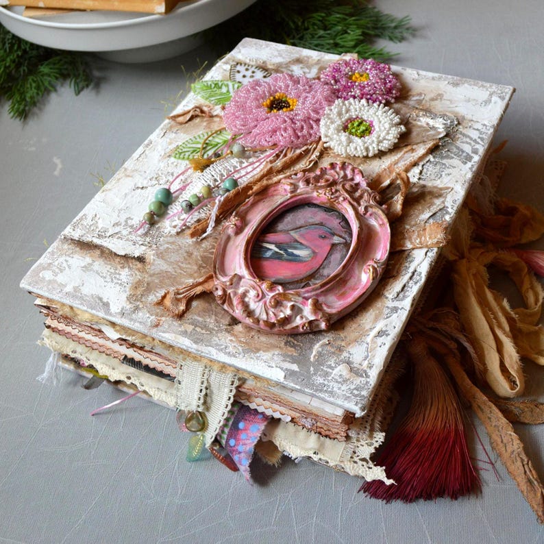 Grungy Shabby Handmade Junk Journal Nature Themed Unique Beaded Flowers ...