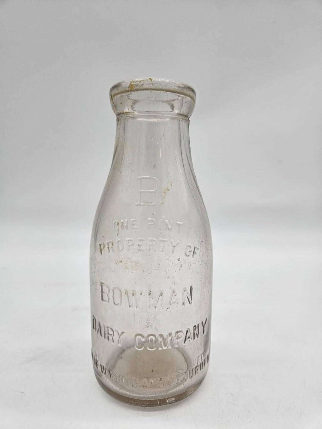 Vintage Early Bowman Dairy Company Half Pint Milk Bottle Embossed Wash ...