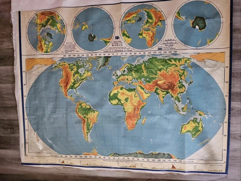 1960 A.J. Nystrom Pictorial Relief Map of the World With Merging Colors ...