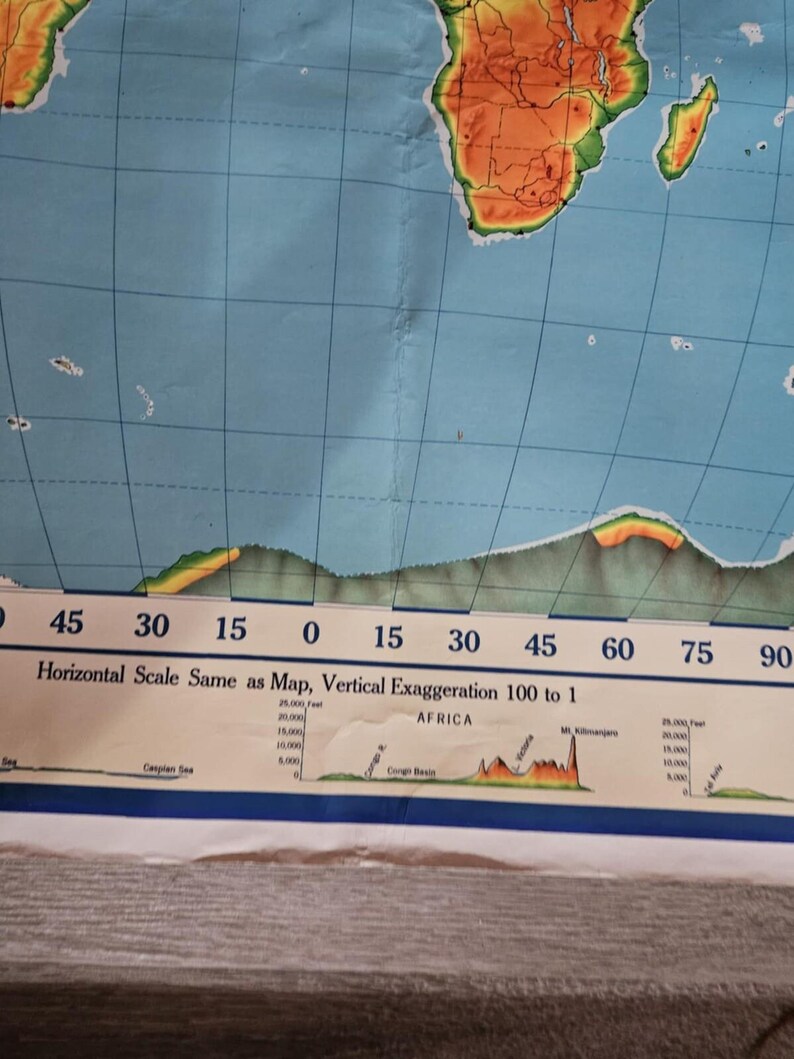 1960 A.J. Nystrom Pictorial Relief Map of the World With Merging Colors ...