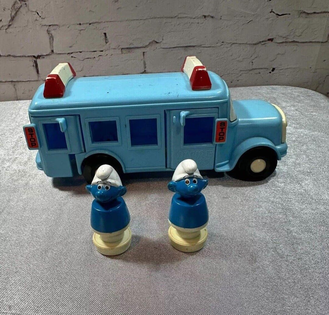 Vintage Smurf School Bus Toy Moving Parts Slide W/ 2 Figurines VTY 003 ...