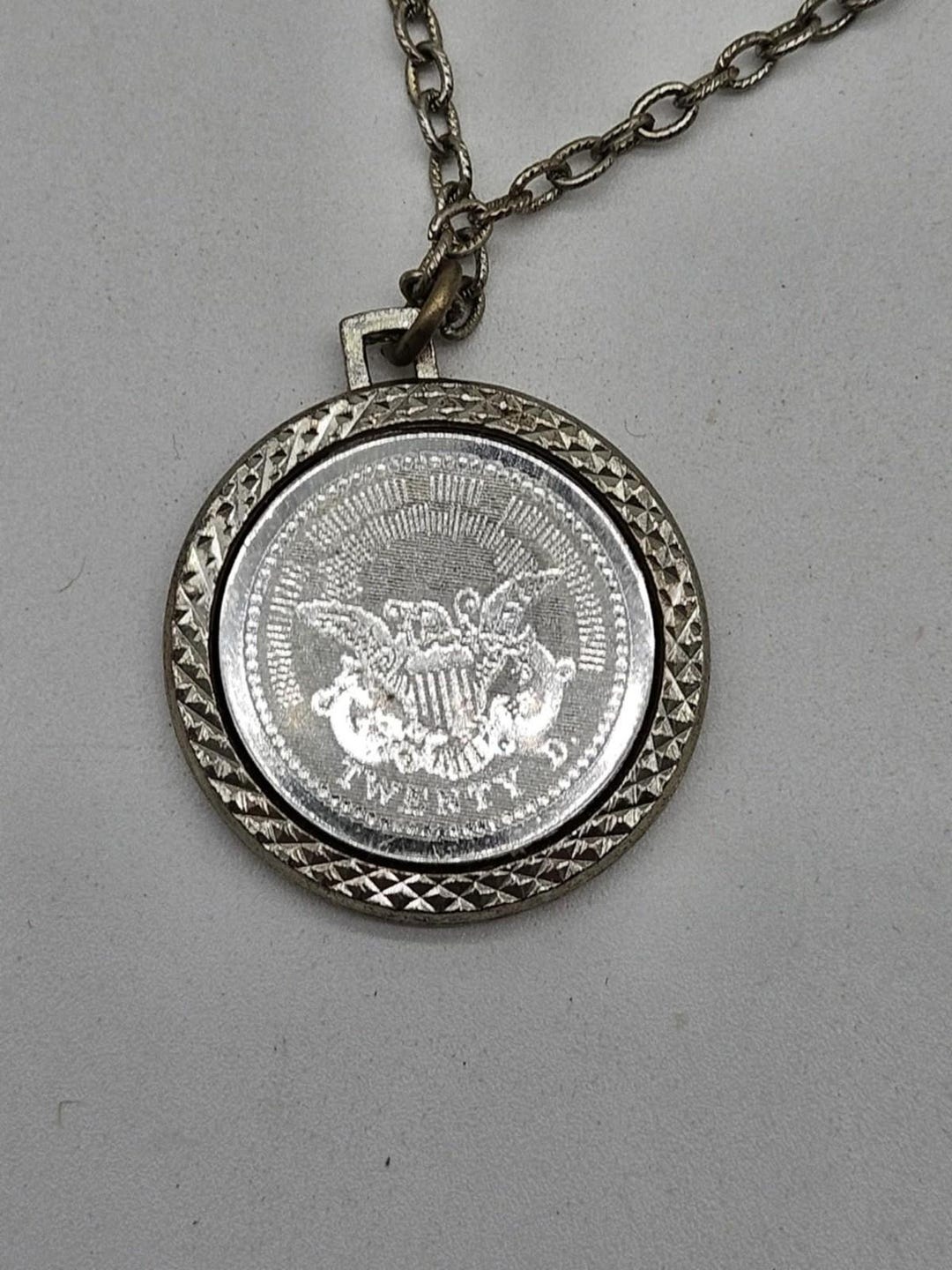 Vintage Bicentennial 1776 Twenty D Coin Necklace Pendant Silver Tone 12 ...
