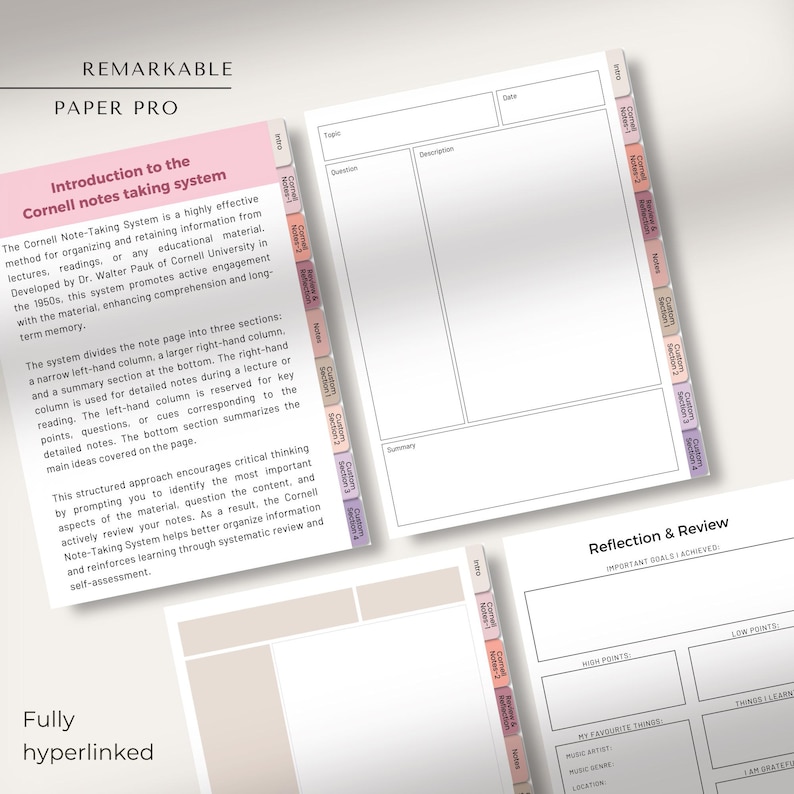 Cornell Notes for Remarkable Paper Pro | Hyperlinked PDF Notebook Color ...