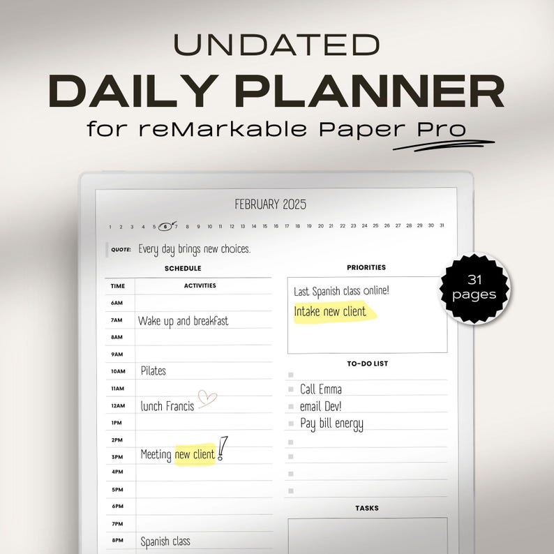 Monthly Planner for Remarkable Paper Pro | Hyperlinked PDF / 31 Days ...