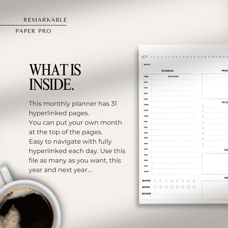 Monthly Planner for Remarkable Paper Pro | Hyperlinked PDF / 31 Days ...