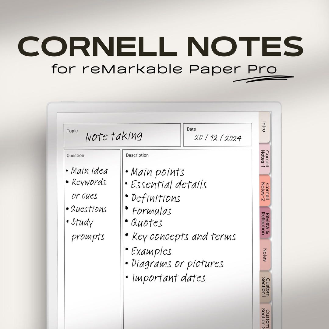 Cornell Notes for Remarkable Paper Pro | Hyperlinked PDF Notebook Color ...