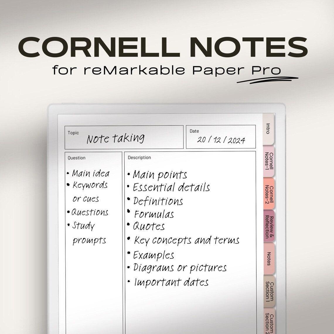 Cornell Notes for Remarkable Paper Pro | Hyperlinked PDF Notebook Color ...