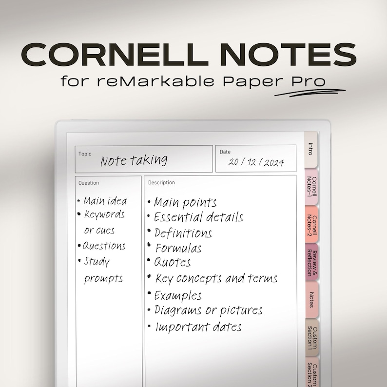 Cornell Notes for Remarkable Paper Pro | Hyperlinked PDF Notebook Color ...