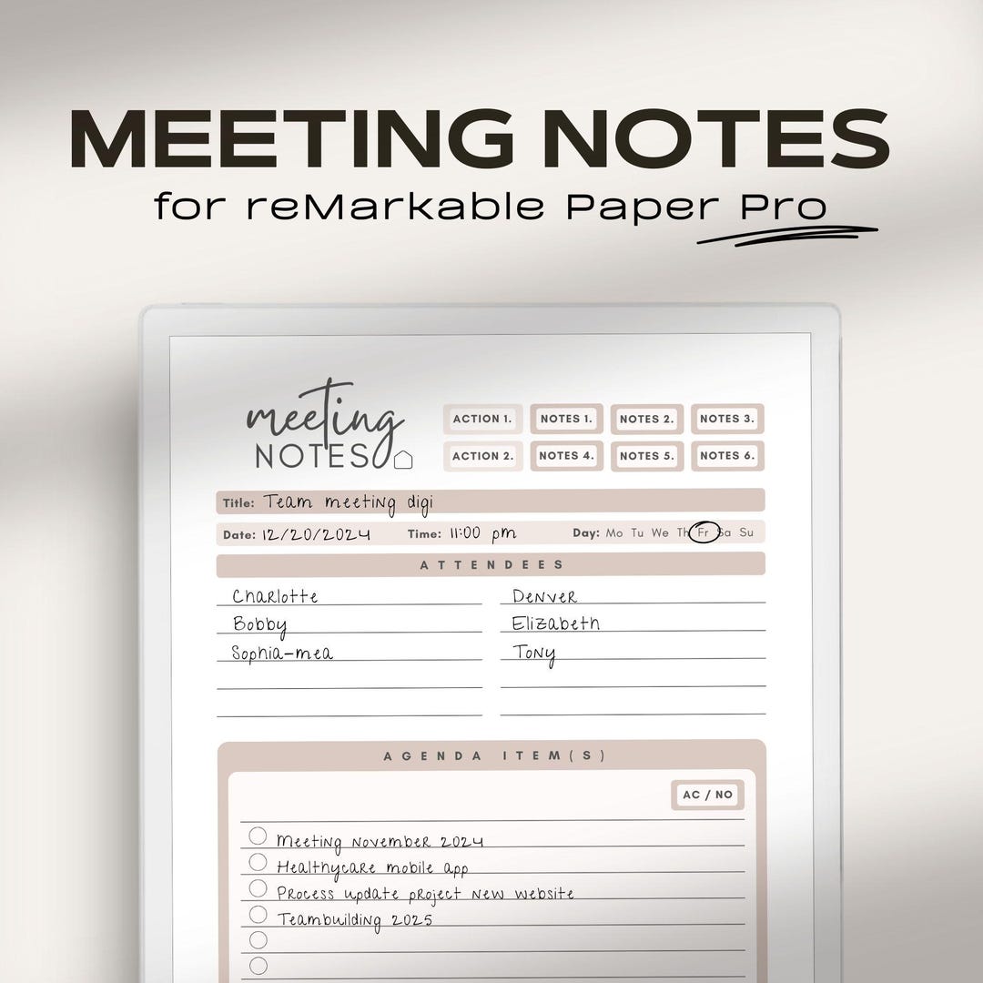 Meeting Notes for Remarkable Paper Pro | Remarkable Template ...