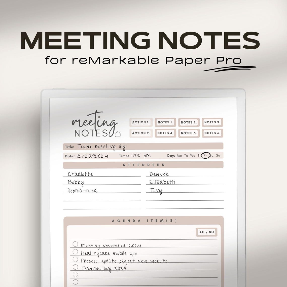 Meeting Notes for Remarkable Paper Pro | Remarkable Template ...