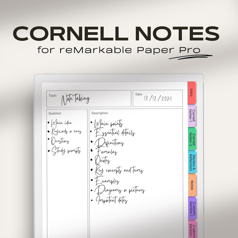 Cornell Notes for Remarkable Paper Pro | Hyperlinked PDF Notebook Color ...