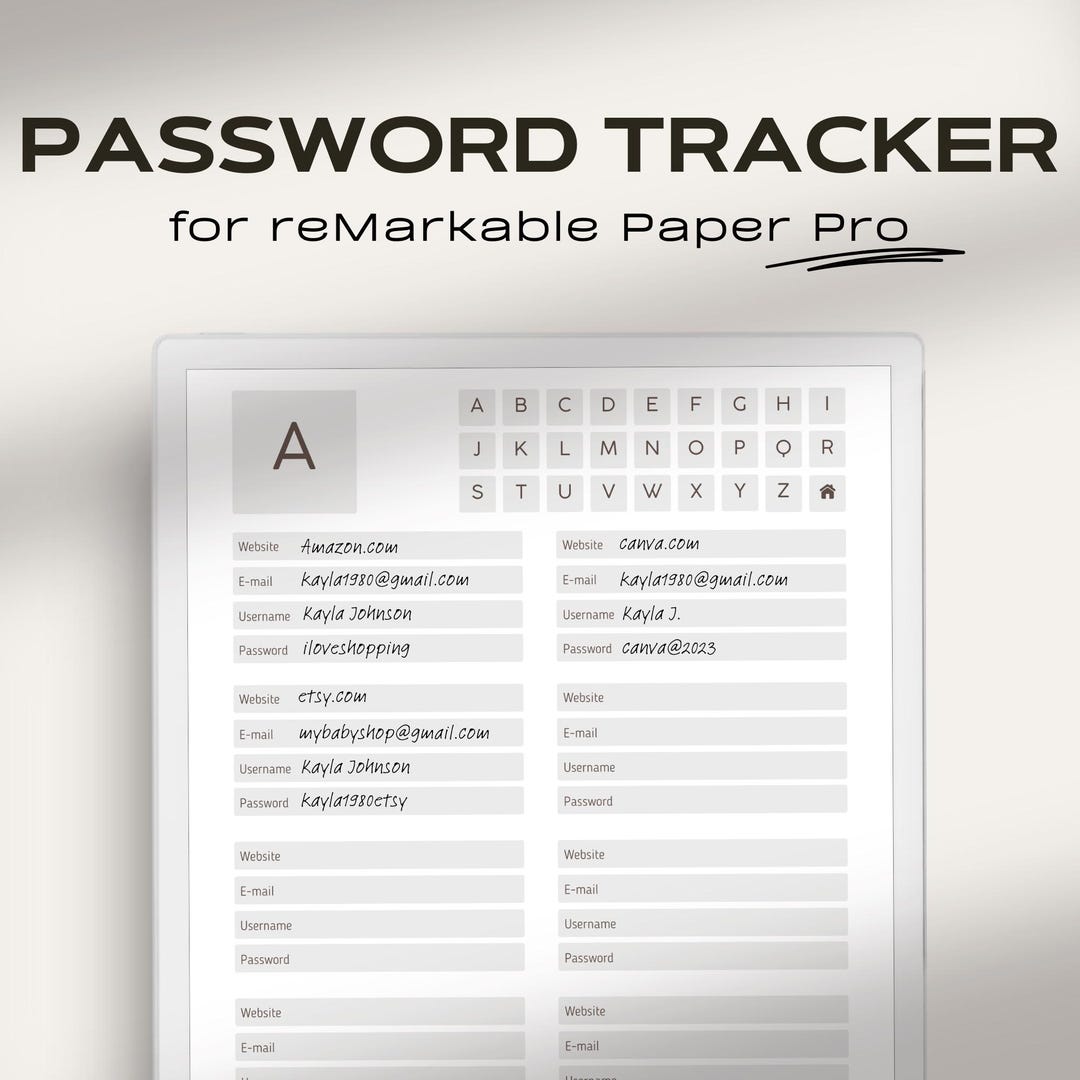 Password Tracker for Remarkable Paper Pro | Hyperlinked Password ...