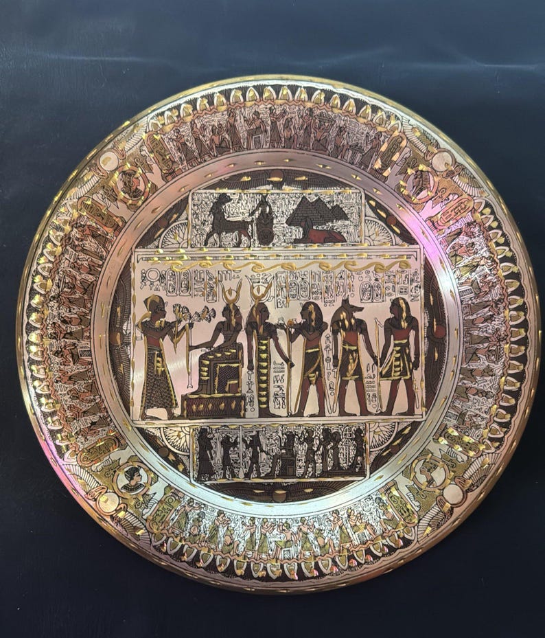 Egyptian Etched Art Solid Brass & Copper Plate W/ Pharaoh Scene and Map ...