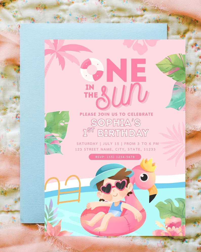 Editable One in the Sun 1st Birthday Party Invitation, Girly 1st ...