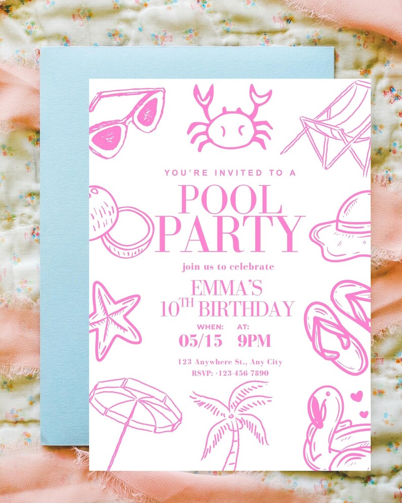 Pink Pool Party Birthday Invitation, Hand Drawn Whimsical Swim Birthday ...