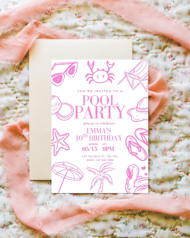 Pink Pool Party Birthday Invitation, Hand Drawn Whimsical Swim Birthday ...