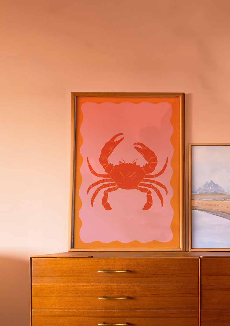 Preppy Red Crab Print Maximalist Retro Crab Poster Orange Crab Art Fun ...