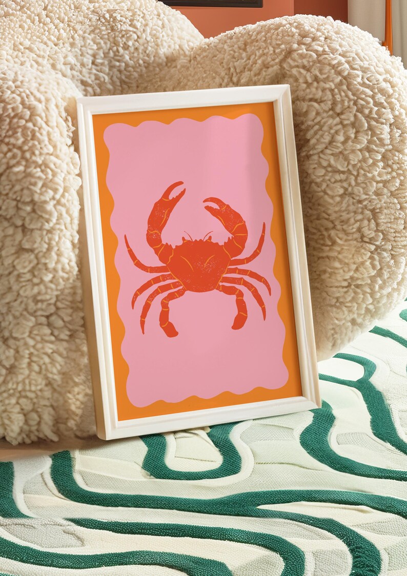 Preppy Red Crab Print Maximalist Retro Crab Poster Orange Crab Art Fun ...