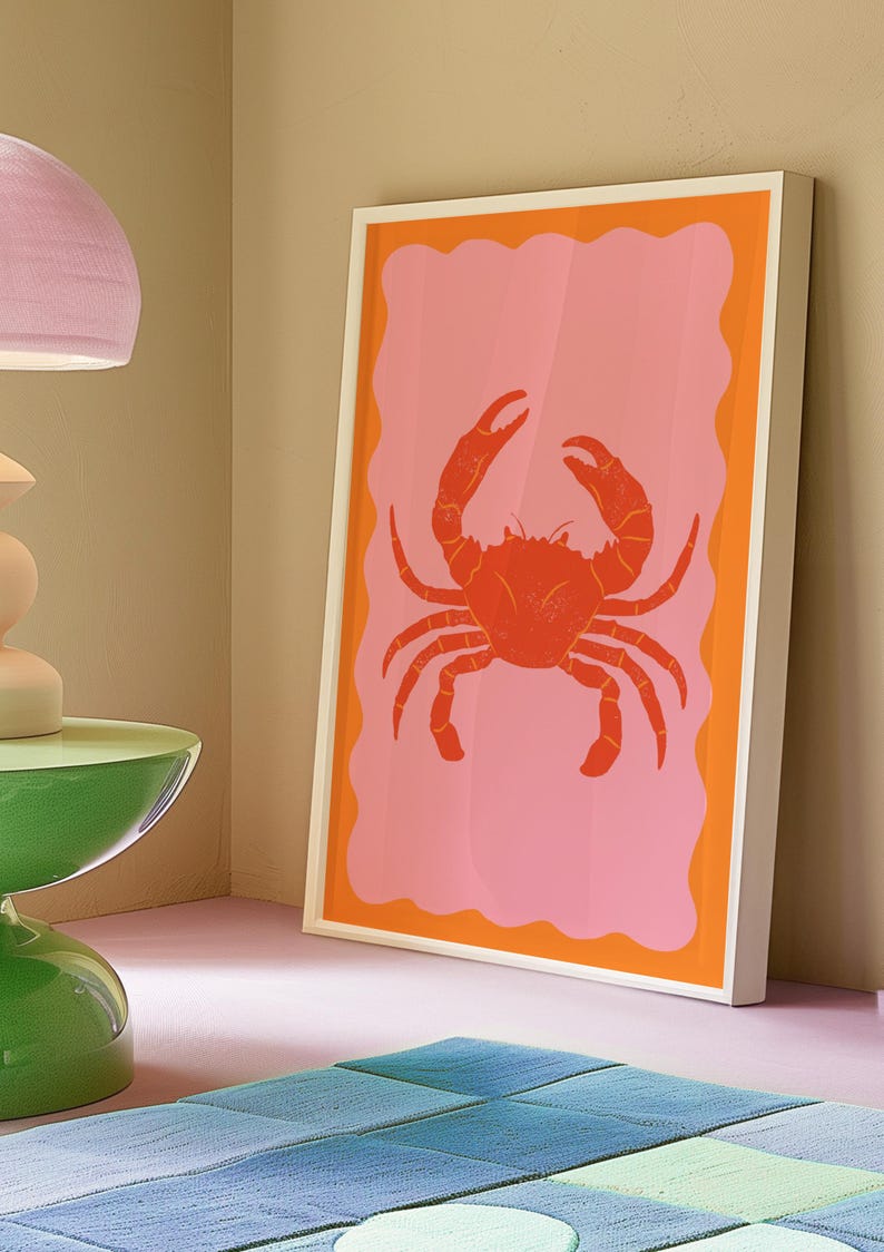 Preppy Red Crab Print Maximalist Retro Crab Poster Orange Crab Art Fun ...