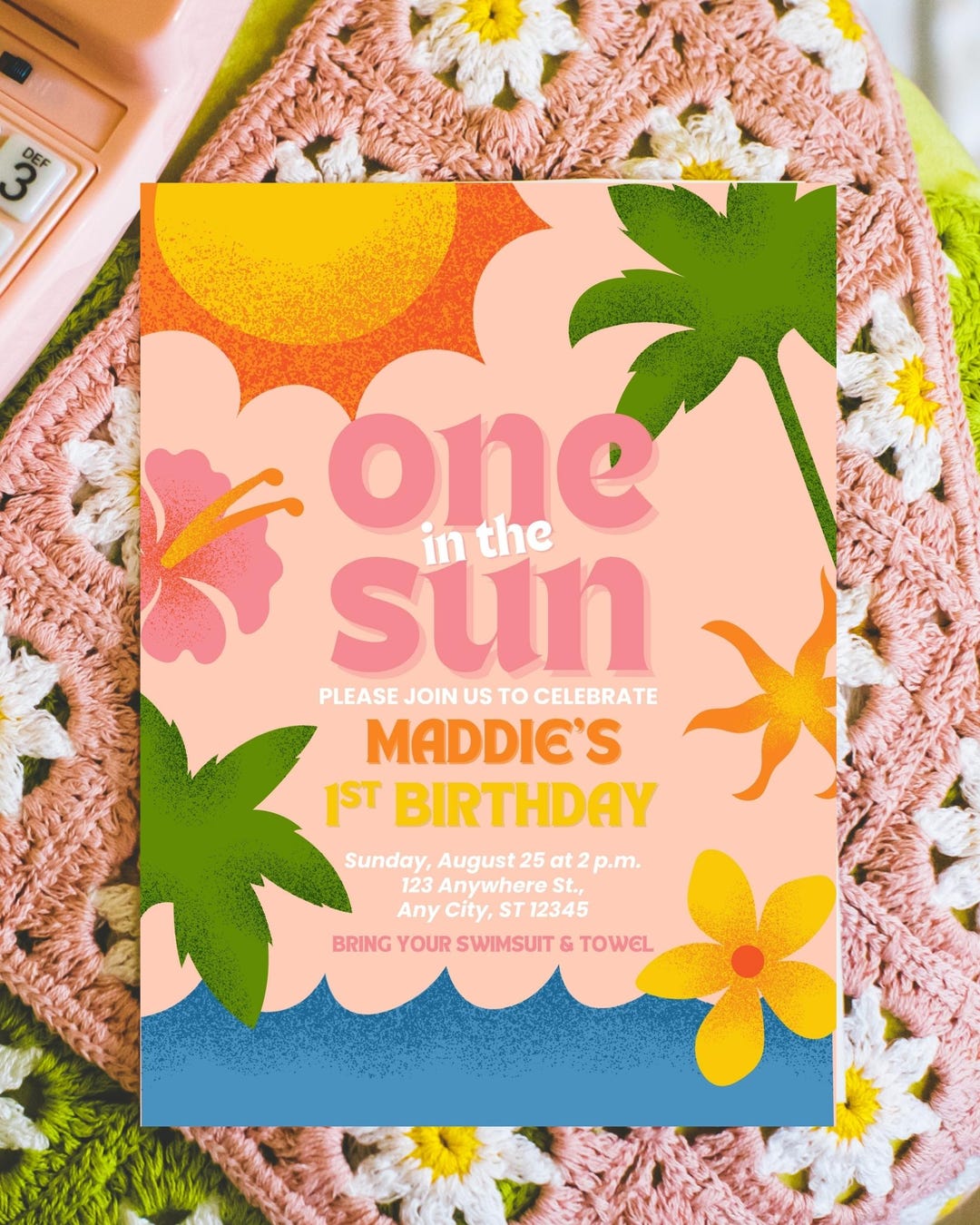 Editable One in the Sun 1st Birthday Party Invitation, Tropical Summer ...