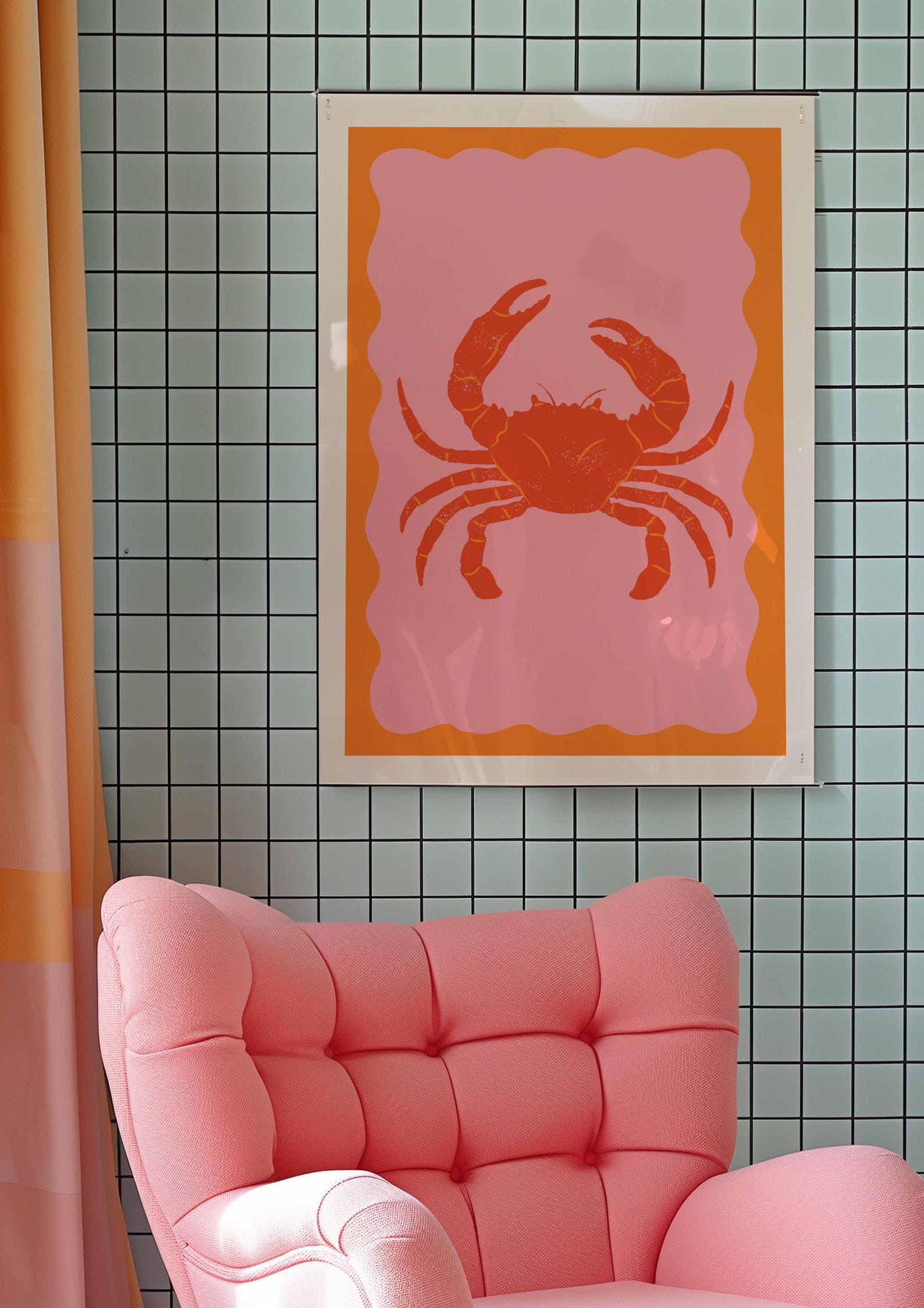Preppy Red Crab Print Maximalist Retro Crab Poster Orange Crab Art Fun ...