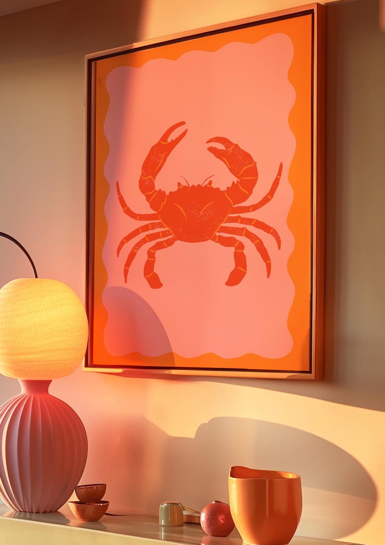 Preppy Red Crab Print Maximalist Retro Crab Poster Orange Crab Art Fun ...